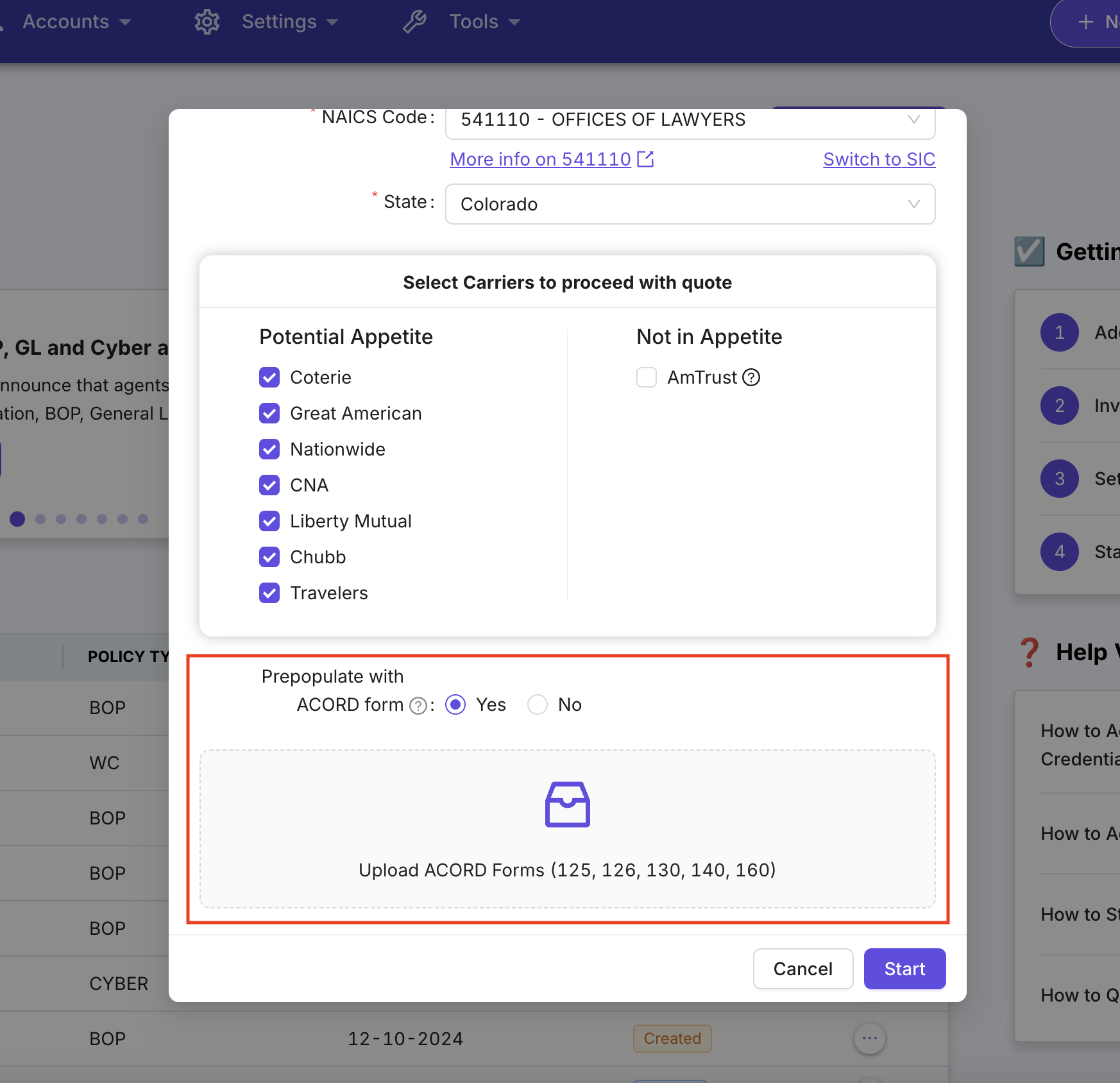 Pre-populate with ACORD Form